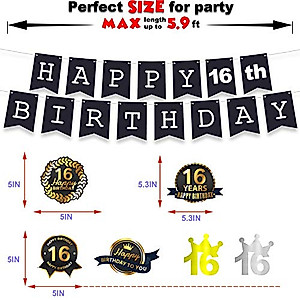 wongmode 16th Birthday Decorations Set - Happy Birthday Theme Swirls Streamers Garland Banner and Cake Topper Cheers to 16 Years Old Party Supplies