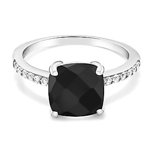 Gem Stone King 925 Sterling Silver Cushion Checkerboard Black Onyx Ring For Women (2.23 Cttw, Gemstone Birthstone, Available In Size 5, 6, 7, 8, 9)