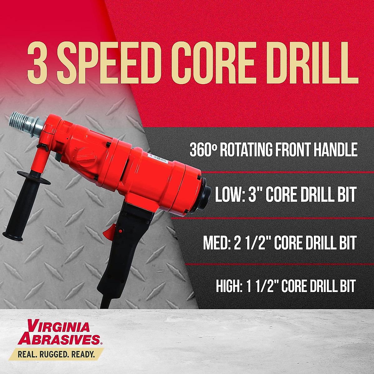 Virginia Abrasives 433-20000 1pc 3-Speed Manual Clutch Electric Core Drill - Premium Concrete Drill - Multifunctional Tool for Concrete/Masonry - Handheld Power Drills - Diamond Core Drill