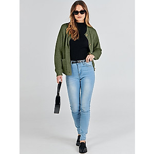 ANRABESS Women's Tweed Knit Cardigan Sweater Casual Long Sleeve Cropped Button Down Lady Jackets 2025 Spring Fashion Outwear Army Green Medium