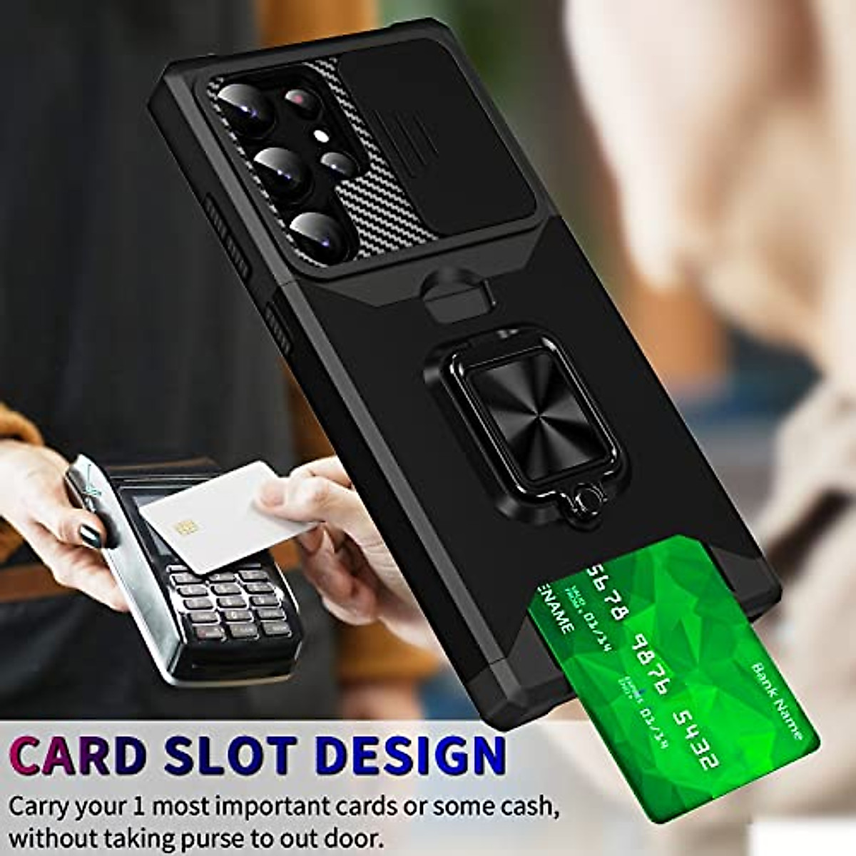 Jusy Wallet Case for Samsung Galaxy S22 Ultra & 2 Screen Protectors, with Sliding Camera Cover, Card Holder Slot and Magnetic Kickstand Ring, Heavy Duty Case Military Grade Cover (Black)