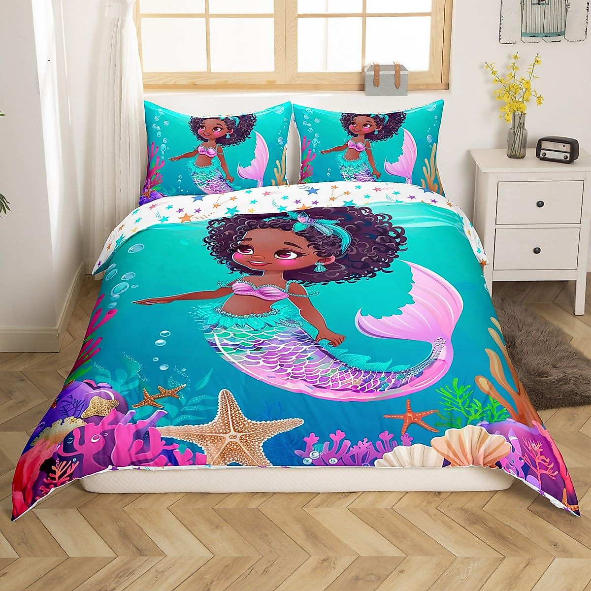 Erosebridal Black Mermaid Comforter Cover Twin Black Princess Girl Bedding Set Cute Ocean Mermaid Bed Set for Little Girls American African Duvet Cover Marine Life Room Decor 1 Pillow Case