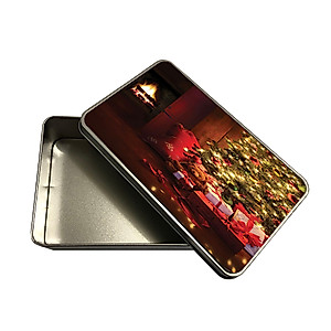 Ambesonne Christmas Metal Box, Xmas Scene Celebrations with Tree and Gifts by The Fireplace Design Image, Multi-Purpose Rectangular Tin Box Container with Lid, 7.2" X 4.7" X 2.2", Red Yellow