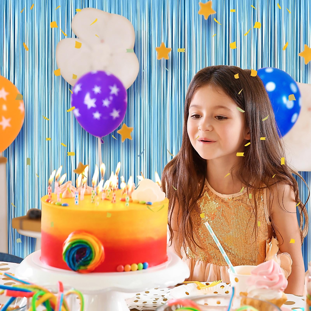 3 Pack Foil Curtains Metallic Foil Fringe Curtain-JVIGUE，Birthday Party Photo Backdrop Wedding Event Decor (Pale Blue Decorative Streamers)