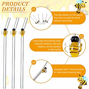 6 Pcs Reusable Glass Straws, Cute Bee on Clear Straws with Design 7.9 In x 8 Mm Colorful Shatter Resistant Bent Drinking Straws for Beverages, Shakes, Juices Suitable for Smoothies, Cocktails