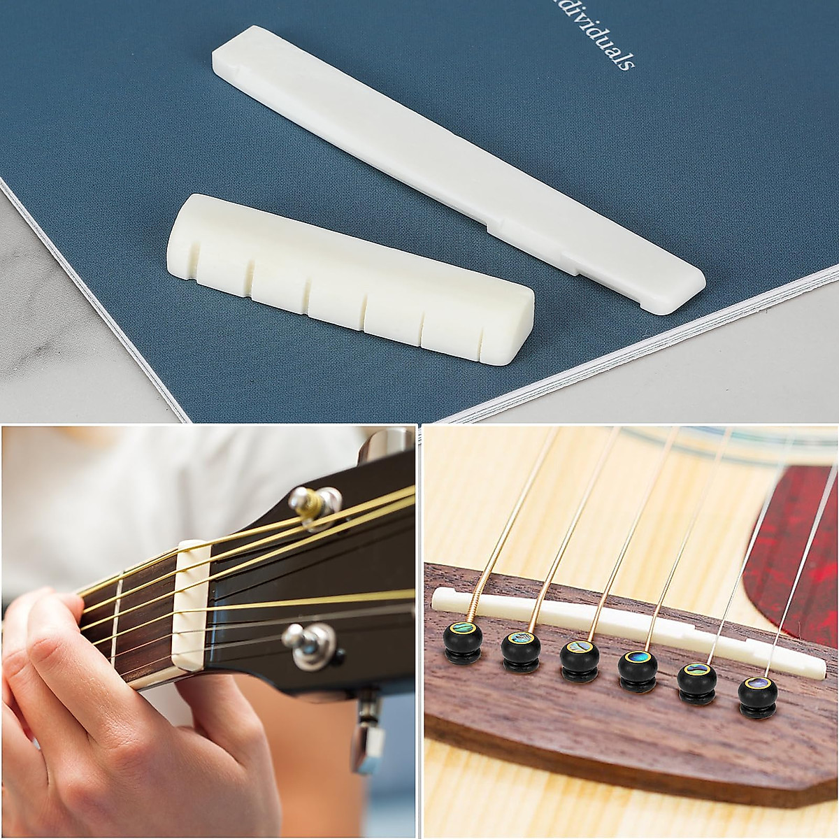Blisstime 6 String Acoustic Guitar Bone Bridge Saddle and Nut and 6pcs Ebony Guitar Bridge Pins