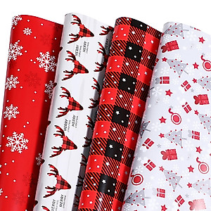 Ulmasinn Christmas Wrapping Paper Holiday Woodland Gift Scene with Christmas Tree, Snowflakes, Plaid, Reindeer, Flat 8 Sheets 20 X 29 Inches Each