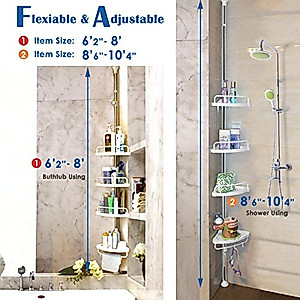 H&A Tension Shower Caddy Pole, Bathroom Corner Shower Rack, Stainless Steel Pole and Rustproof-White
