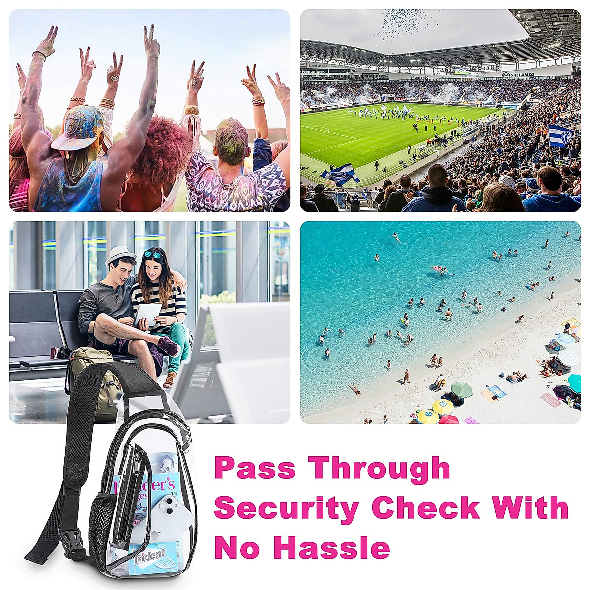 Mossio Clear Sling Bag Stadium Approved, Crossbody Backpack Mini Shoulder Chest Daypack for Concert, Beach, Travel & Sporting Black