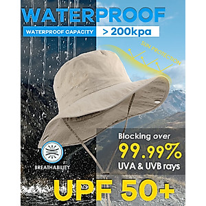 Waterproof Bucket Rain Hat for Women Wide Brim Summer UPF50+ Cowboy Sun Hat Men Foldable Soft Floppy Beach Hat Beige