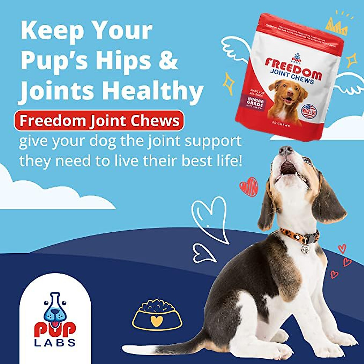 Pup Labs Freedom Joint Chews - Delicious Dog Hip and Joint Supplement - Vitamins Packed with Super Nutrients - Keep Your Pup Happy and Active - Made for All Dogs and Breeds - Made in the USA, 30 chews