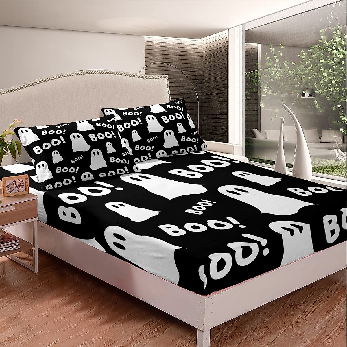 Castle Fairy Funny Ghost Fitted Sheet Queen Size Happy Halloween Theme Bedding Set Black White Sheet Set,Cartoon Ghost Bed Cover Ultra Soft Breathable Bedspread 3 Pcs for Kids Teens Boys