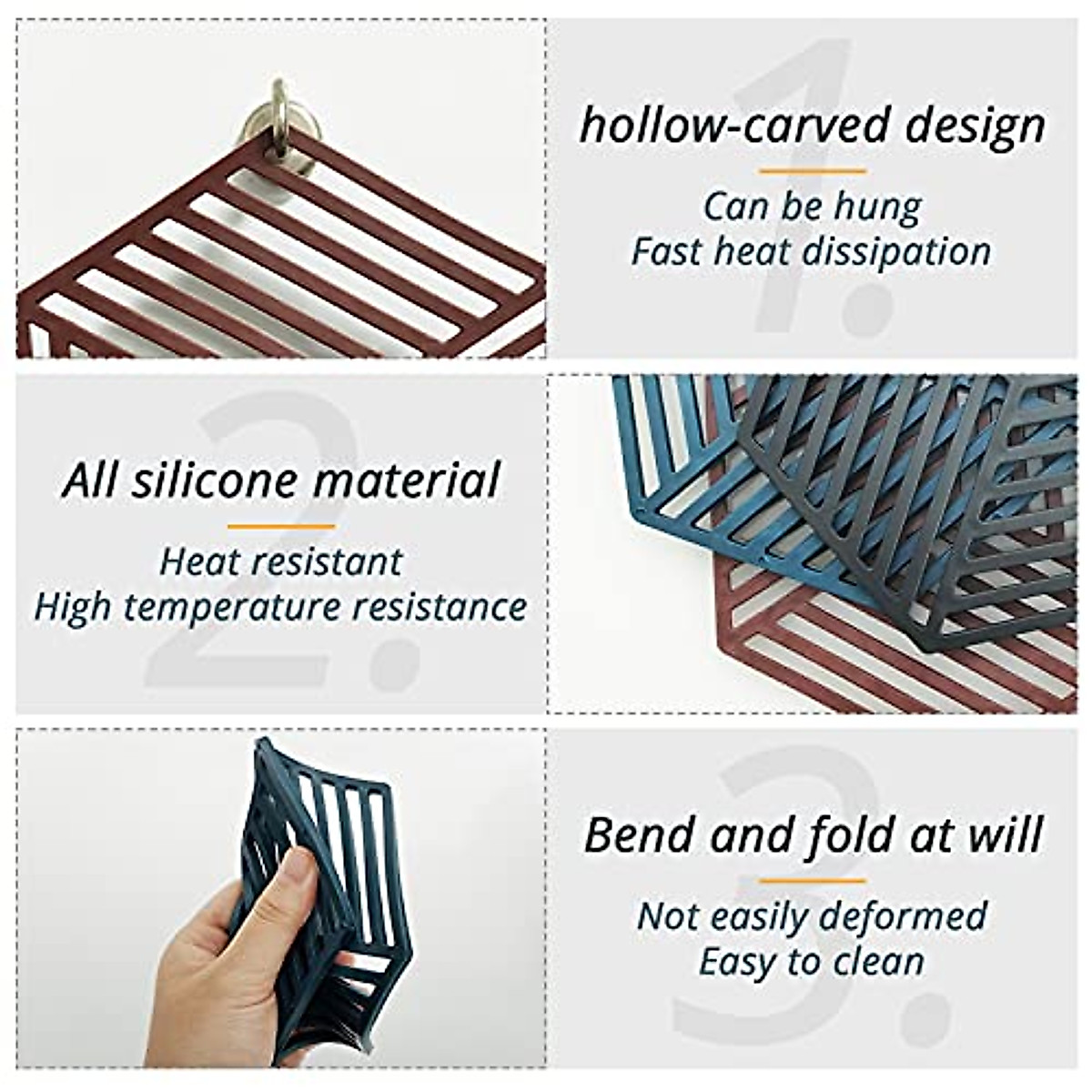 Silicone Pot Holder Trivet Mats, KUFUNG Heat Resistant Table Dish Drying Mat, Hot Pads Spoon Rest, Non Slip, Flexible, Durable, Dishwasher Safe (Mixed Color, S-3Pcs)