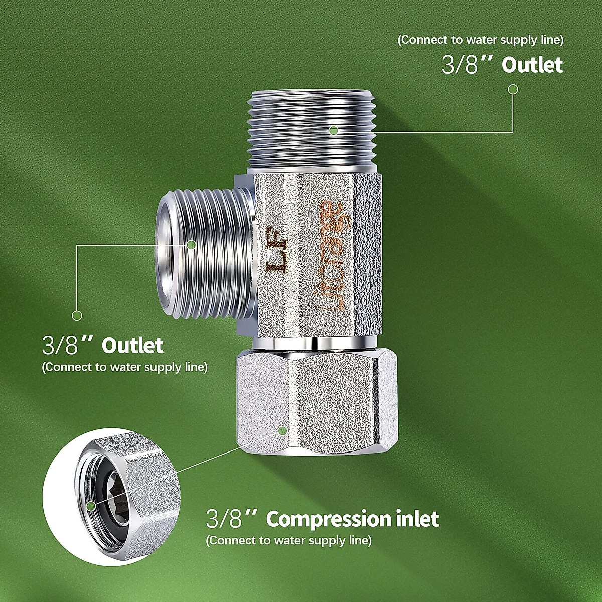 Litorange Lead-Free Brass 2 PCS Brass Angle Stop Add-A-Tee Valve 3/8" Compression Inlet by 3/8" Compression Outlet by 3/8 Inch Compression Outlet Easy Connect Tee