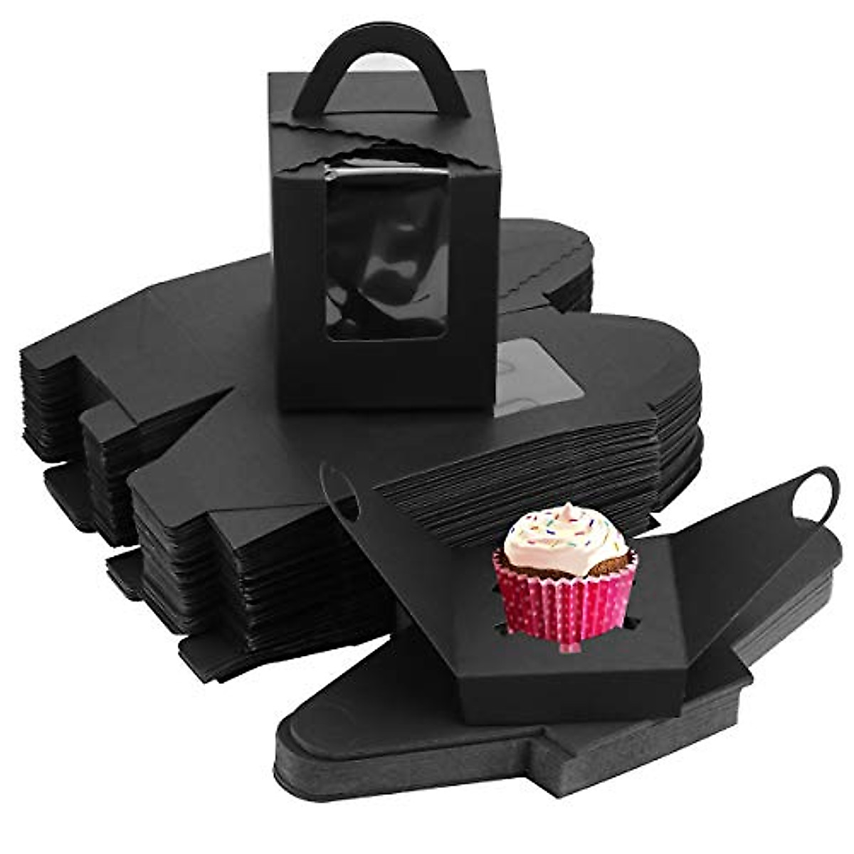 BILLIOTEAM 60PCS Black Single Cupcake Boxes, Clear Window Inserts Handle Cupcake Muffins Cupcake Carriers Pastry Containers Bakery Wrapping Party Favor Packing For Wedding Cupcake Favor Boxes