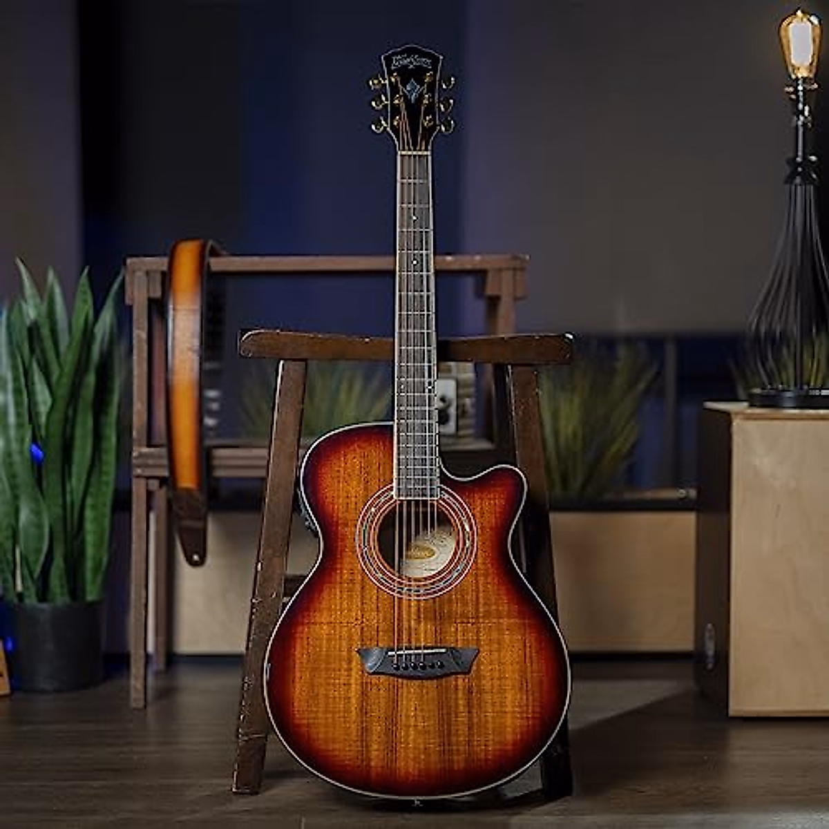 Washburn Festival Series 6 String Acoustic Electric Guitar, Right, Koa Burst, Cutaway Mini Jumbo (EA55G-A)