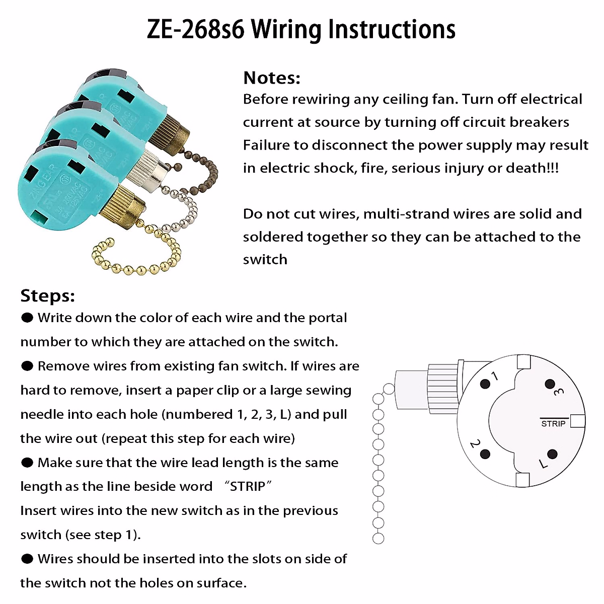 Akahttbn Ceiling Fan Switch Zing Ear ZE-268S6, 3 Speed 4 Wire Speed Control Pull Chain Cord Appliances Switch Replacement Parts Compatible with Hunter Ceiling Fans Wall Lamps (Bronze)