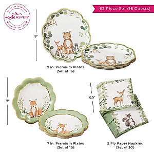 Kate Aspen 62 Piece Woodland Baby Shower Tableware Party Kit - 7 inch (16x) & 9 inch (16x) Heavy Duty Disposable Plates, Durable Paper Napkins (30x)