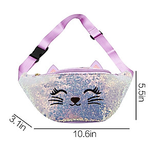 Waist Bag Glitter Sequin Girls Fanny Pack Adjustable Belt Cute Cat Sport Travel Bum Purse for Kids Teens