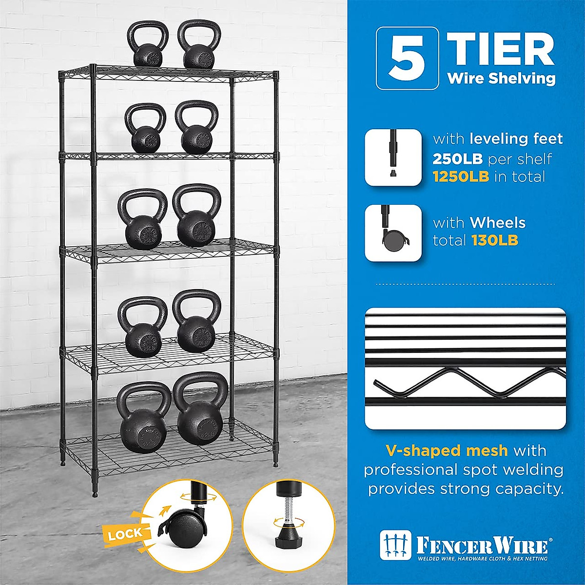 Fencer Wire 4/5-Tier Adjustable Height Wire Shelving Unit, Garage Shelving Storage Organizer, Wire Rack Shelving, Metal Steel Storage Shelf, Utility Storage Shelf with Leveling Feet and Wheels, Black