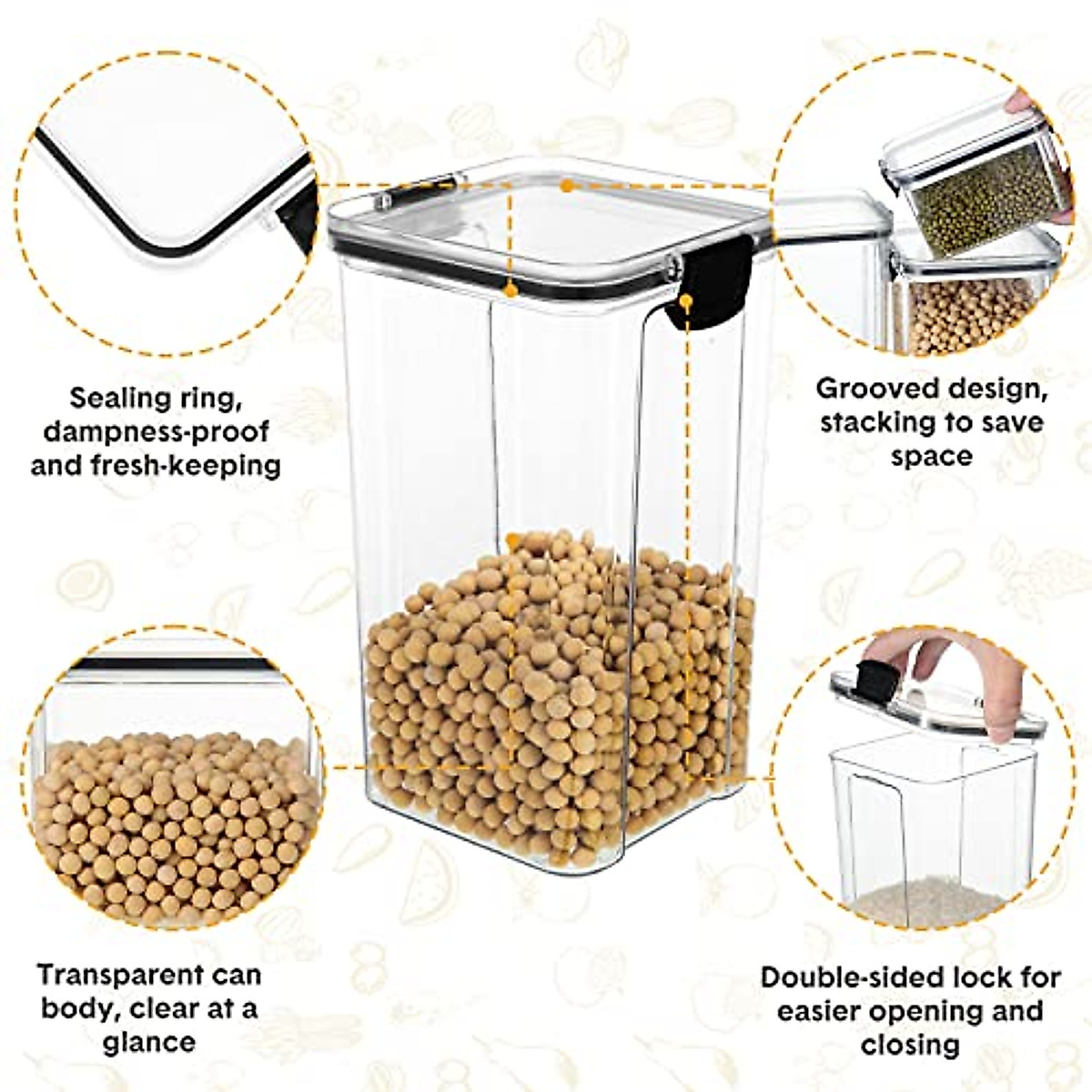 8 Pcs Food Storage Containers for Pantry Clear Airtight Food Flour Storage Container Set with Lid 1.3 L/ 44 oz Pantry Organization Canisters Air Tight Kitchen Container for Bean Sugar Pasta Rice