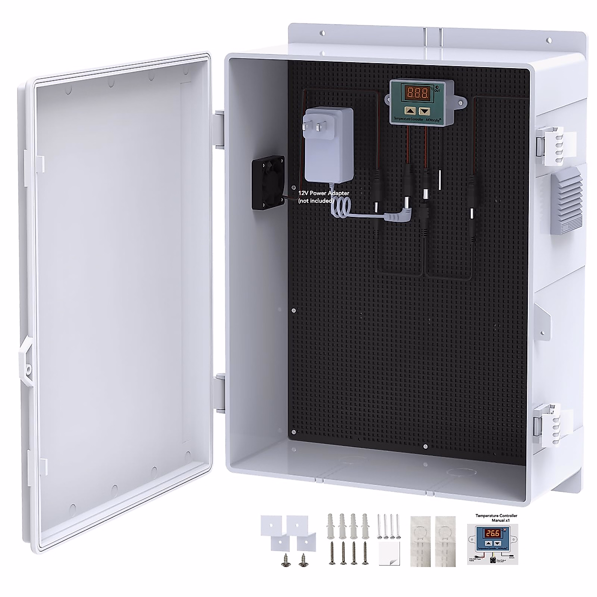 AKWscyby Outdoor Electrical Box, Junction Box with Fan & Thermostat & Power Adapter, Mounting Plate, Dust Screen, Mounting Brackets and Hinged Lid (18.1"Hx 12.5"L x 6.3"W)