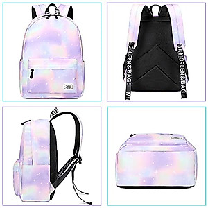 Lohol Galaxy School Backpack with Lunch Box, Lightweight BookBag Set for Girls Kids （Purple&Green）
