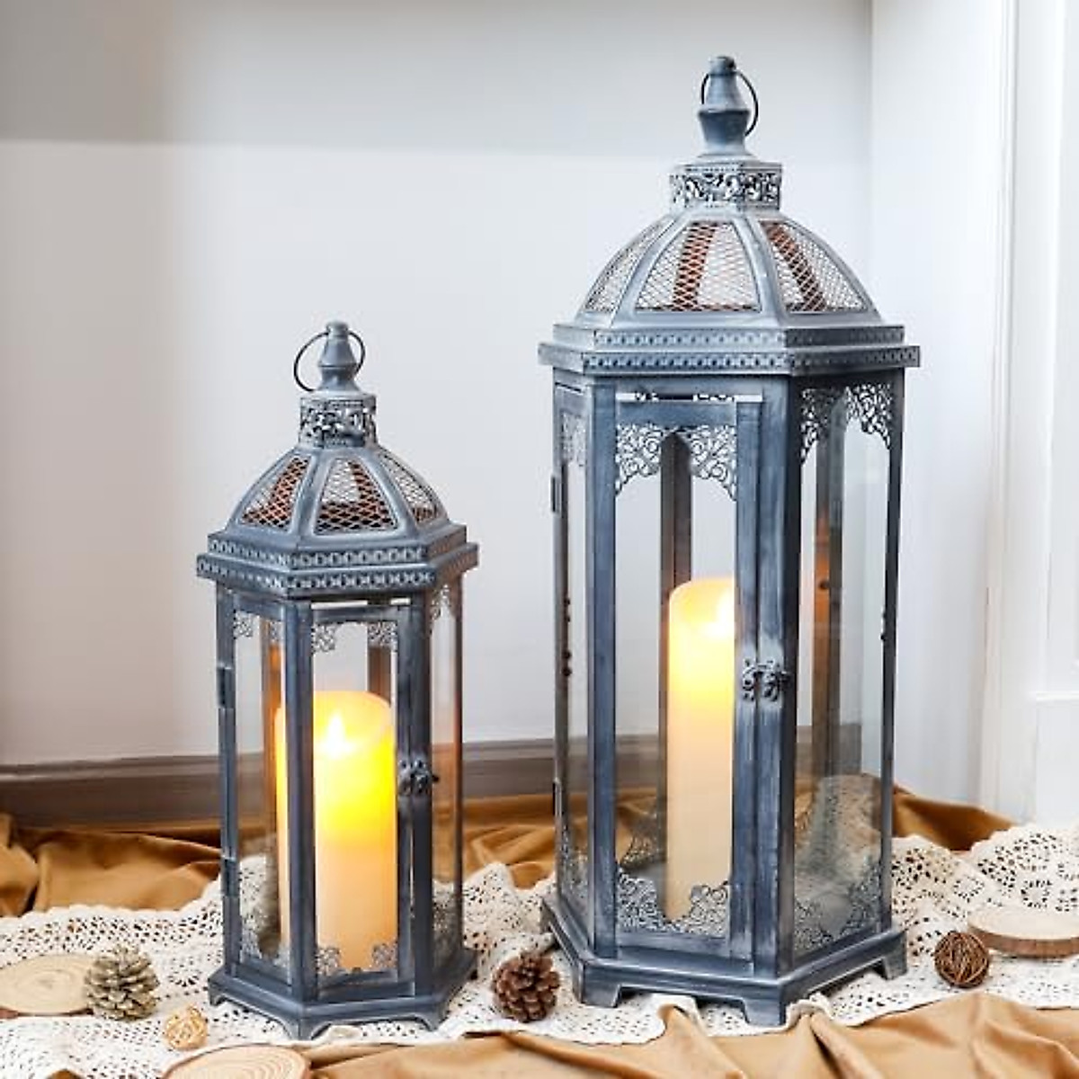 Set of 2 Outdoor Lantern 24.5"&18" High Decorative Candle Lanterns Metal Candle Holder with Tempered Glass Fall Decorations for Home Garden Patio Living Room Indoor Home Yard Hallway Doorway(Grey)