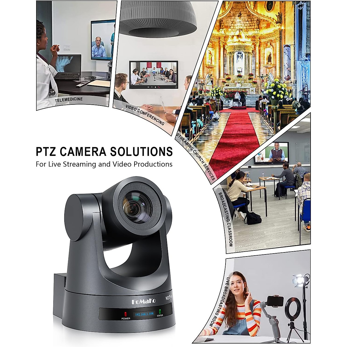 FoMaKo NDI PTZ Camera, 20X-NDI Camera with HDMI 3G-SDI IP Live Streaming PTZ Camera for Church Worship Video Production Education Events PoE 1080P 60FPS for vMix OBS Wirecast (KN20AG Gray)