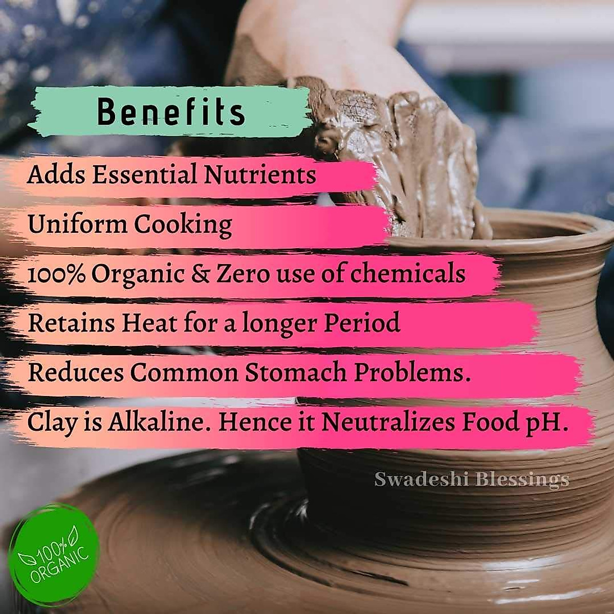 Swadeshi Blessings Exclusive Range Unglazed Clay Pot For Serving with Lid/Earthen Kadai/Mud Handi/Mitti Ke Bartan (With Mirror Shine) + PALM STAND & ASH For Cleaning (4.5 Liters)