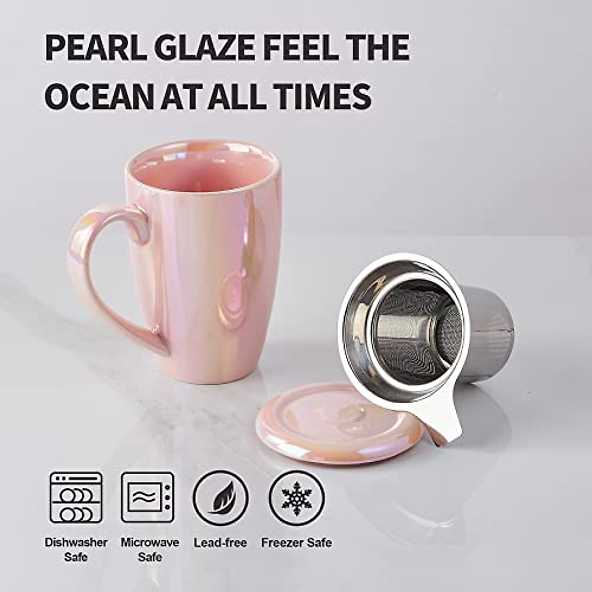 Jemirry Tea Cup with Infuser and Lid, Ceramic Cup with Lid, Tea Cup Tea Mug for Tea Lover, Porcelain Tea Strainer Cup, Tea Infuser Cup with Infuser Basket and Lid - Pink