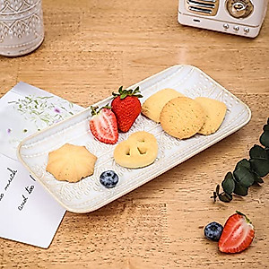 Rectangular Vanity Sink Tray for Bathroom Ceramic Kitchen Dreesser Tray with Emboss Pattern, Comestic Jewelry Dish Ring Holder Bathtub Organizer Dessert Plate Home Decor, Cream