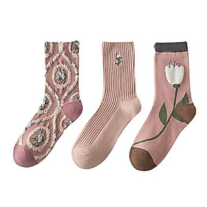 CYee 3 Pairs Kawaii Flower Pattern Pink Socks for Women Pink Embroidered Soft Breathable Socks Stretchy Mid Tube Ankle Sock
