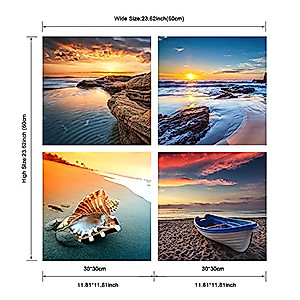 Pyradecor Sunset Sea Beach Modern Seascape Pictures Paintings on Canvas Wall Art 4 Panels Stretched Canvas Prints Artwork for Living Room Bedroom Home Office Decorations
