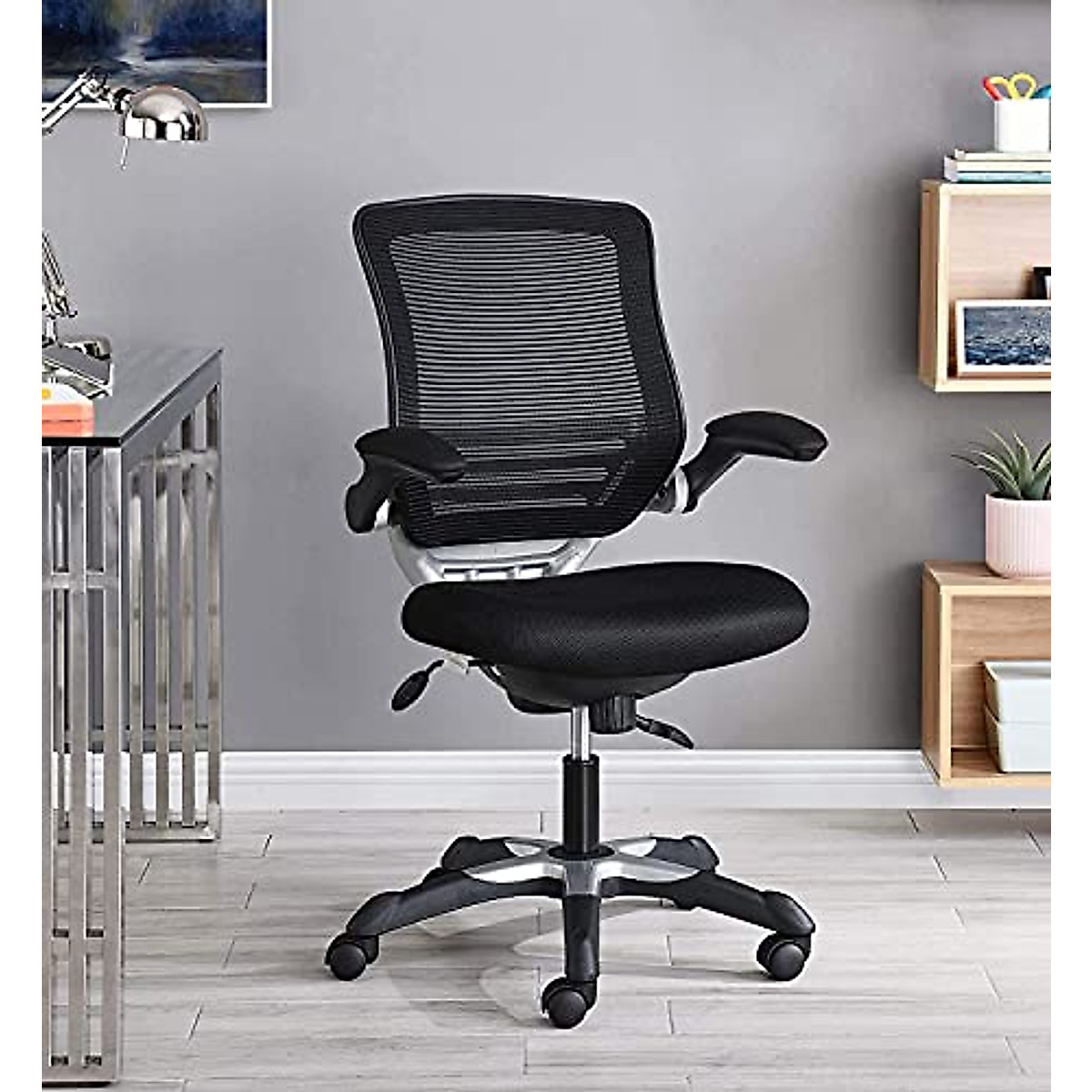 Modway Edge Mesh Back and Mesh Seat Office Chair In Black With Flip-Up Arms in Black
