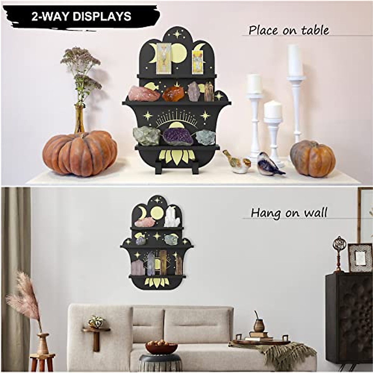 Wooden Hamsa Hand Crystal Shelf For Crystals & Tarot Cards, Tarot Card Holder Witchy Gift, Standing Display or Wall Mounted Crystal Holder, Witch Wiccan Room Decor, Hand of Fatima Evil Eye Wall Decor