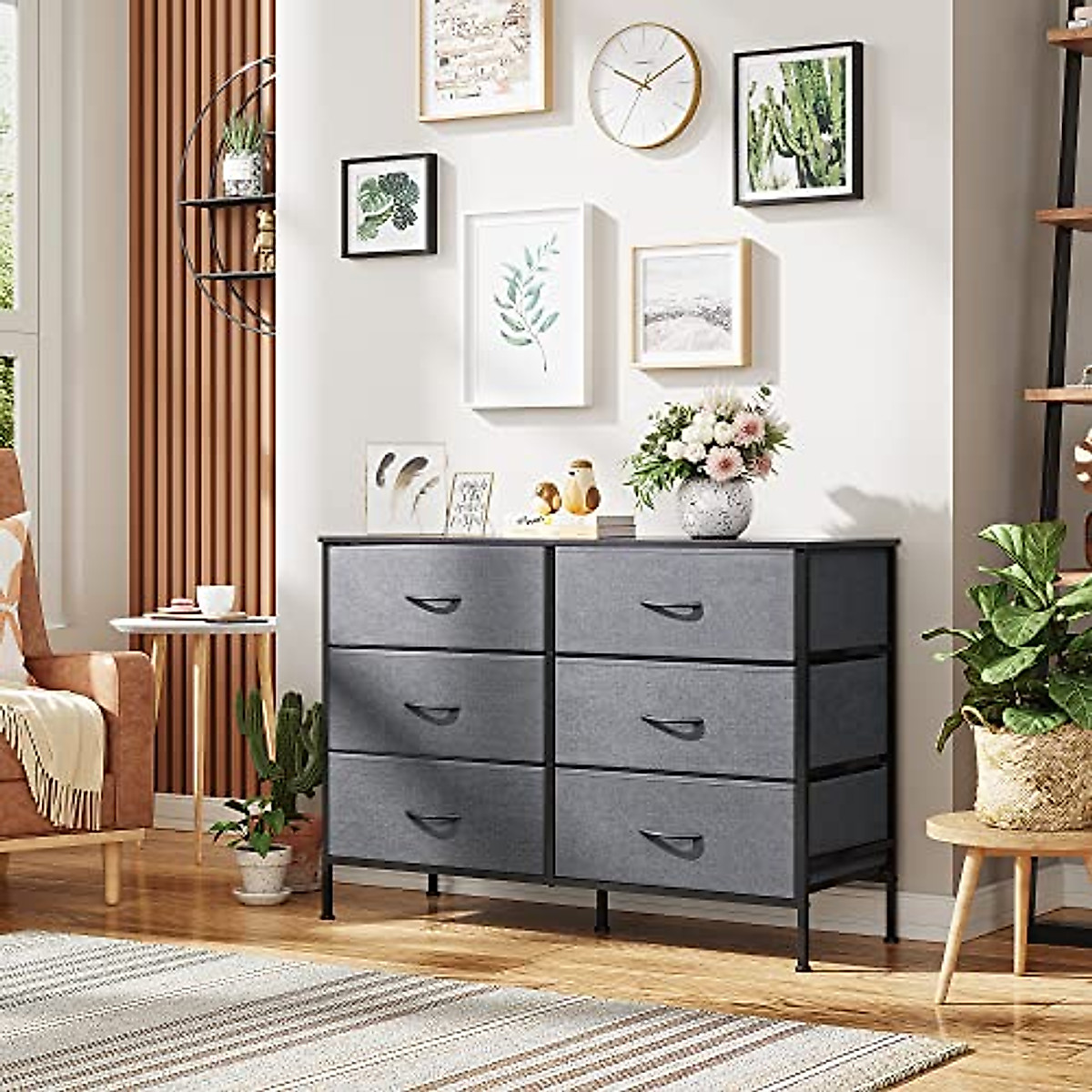 WLIVE Wide Dresser with 6 Drawers, TV Stand for 50" TV, Entertainment Center with Metal Frame, Wooden Top, Fabric Storage Dresser for Bedroom, Hallway, Entryway, Dark Gray