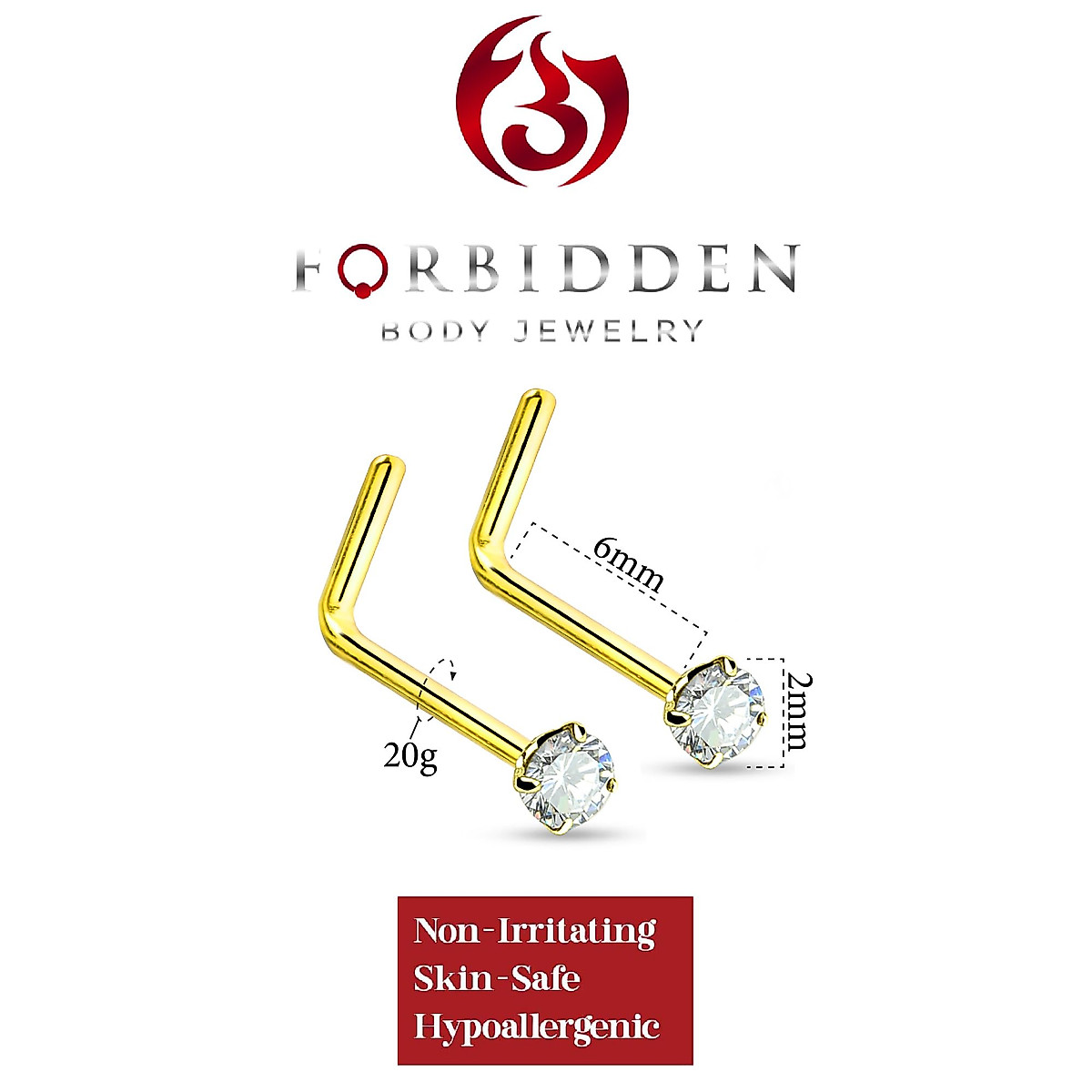 Forbidden Body Jewelry 2-Pack: 20g Surgical Steel Gold Plated L-Shaped 2mm CZ Crystal Nose Studs