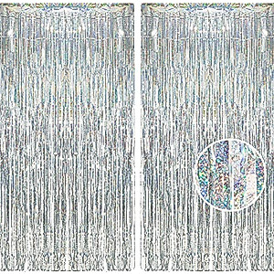 BRAVESHINE Silver Glitter Tinsel Foil Fringe Curtains - 2Pcs 3.2x8.2ft Photo Backdrop for Birthday Valentine Wedding Christmas Frozen Bridal Bachelorette Anniversary Engagement Disco Party Decorations