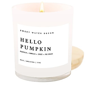 Sweet Water Decor Hello Pumpkin Soy Candle | Pumpkin | Warm Spices | Vanilla | Whipped Cream | Buttery Pie Crust Scented Candle for Home | 11oz White Jar Candle, 50+ Hour Burn Time, Made in the USA