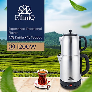 Ethniq TeaVibe Electric Turkish Tea Maker - Stainless Steel 120V Double Pot Kettle & Infuser, Boil-Dry Protection, Auto Shut-Off & Keep Warm Function, 1.7L Kettle + 1L Teapot Capacity