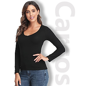 CARCOS Women's Casual Tops Sexy V Neck Long Sleeve Pullover Underwear Tee Slim Fit Basic Shirts Black XL