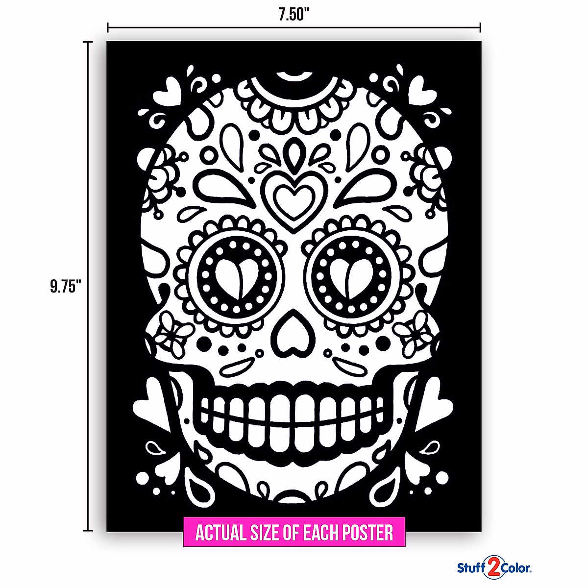 Stuff2Color Sugar Skulls Fuzzy Velvet Halloween Coloring Posters (Day of The Dead and Dia de Los Muertos) - 6 Pack - Great Halloween Arts and Craft Activity for Kids, Toddlers, Teens and Adults
