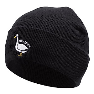 Silly Goose Beanie Hat Winter Warm Funny Goose Knitted Caps for Men Women Black