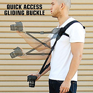USA GEAR Camera Sling Shoulder Strap with Adjustable Neoprene, Safety Tether, Accessory Pocket, Quick Release Buckle - Compatible with Canon, Nikon, Sony and More DSLR and Mirrorless Cameras (Black)