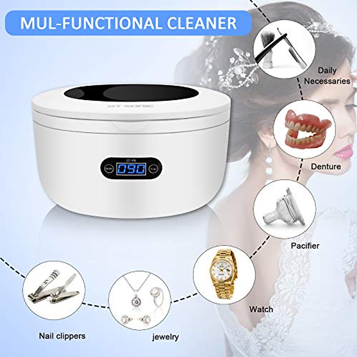 Ultrasonic Jewelry Cleaner -Silver Cleaner for Jewelry Rings Eyeglasses Watches Coins Tools Razors Earrings Necklaces Dentures,Waterproof with Five Digital Timer and 25 Ounces Tank