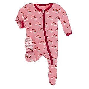KicKee Welcome Home Footie with Zipper, Boy or Girl One-Piece, Super Soft Baby Clothes (Strawberry Rainbows - 0-3 Months)