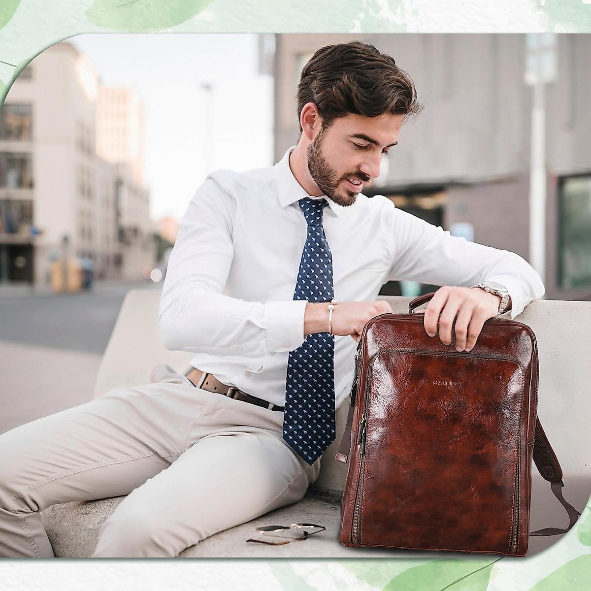 Ronts Banuce Full Grain Italian Leather Backpack for Men Business Travel 14 Inch Laptop Backpack Work Bag