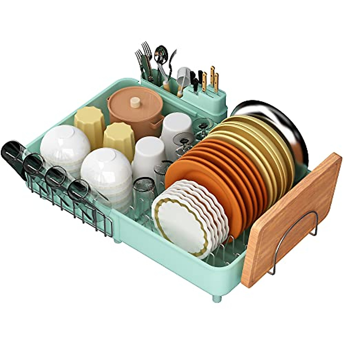 ADBIU Large Dish Drying Rack with Drainboard Set（12.8" - 20"） Expandable Compact Dish Drainer, 1 Piece Cyan