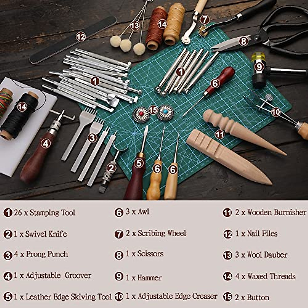 243Pcs Leather Working Tools and Supplies with Instruction, Leather Stamping Tools, Snaps and Fasteners Kit, Waxed Thread Cord, Cutting Mat, Leather Tooling Starter Kit for DIY Leather Craft
